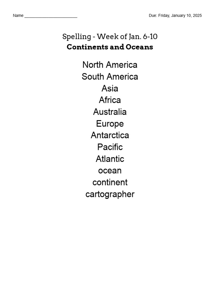 Continents Spelling Packet | PDF