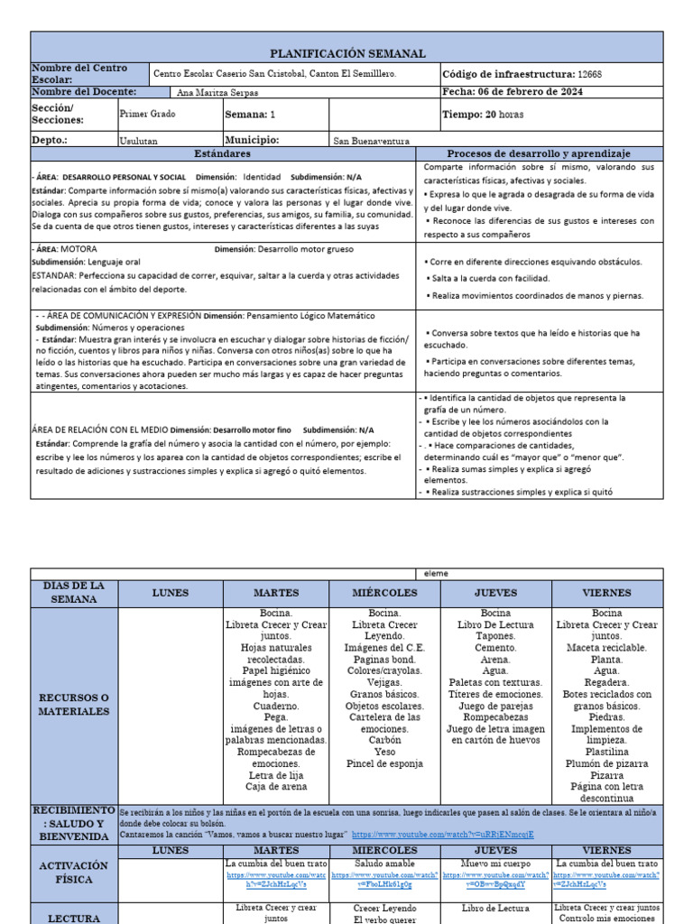 Planificación Semanal Primer Grado | PDF | Folklore | Aprendizaje