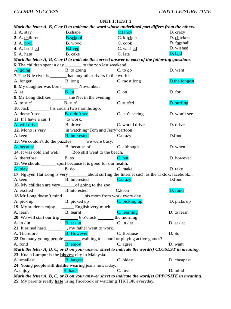 KEY-UNIT 1 (PRACTICE TEST) Word | PDF | Hobbies