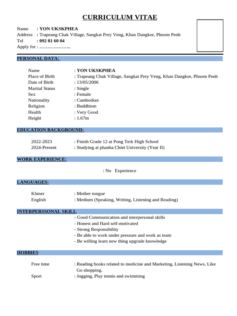 CV of Yon Ukskhea - Cambodian Student | PDF