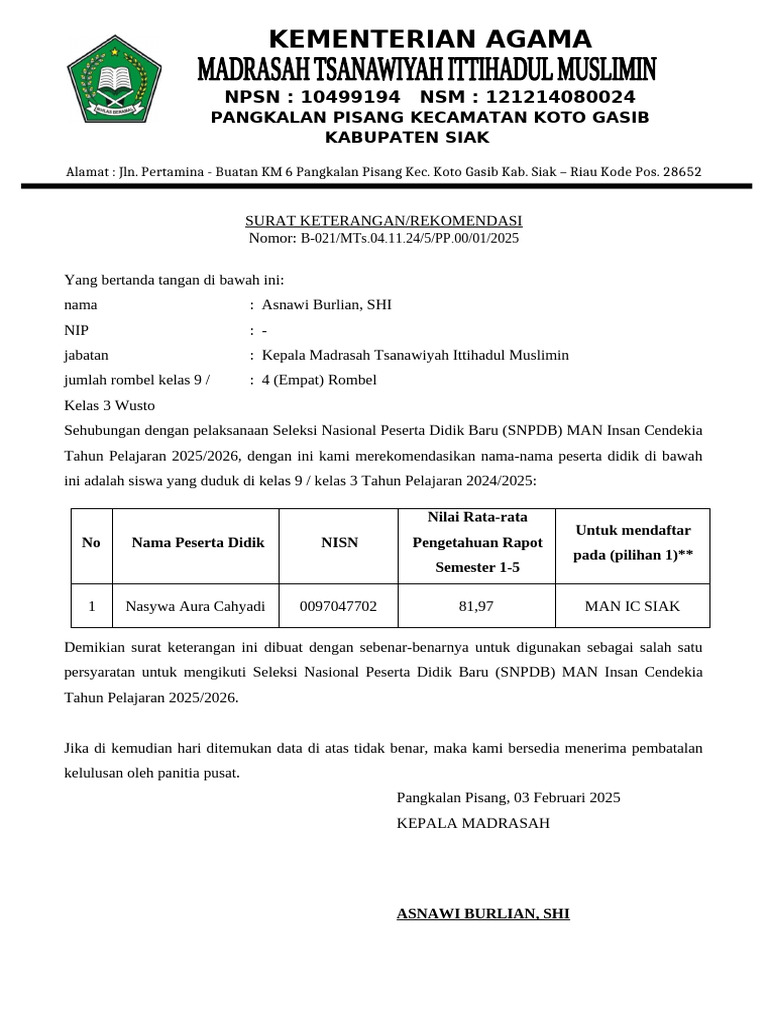 SURAT REKOM MAN IC 2 | PDF