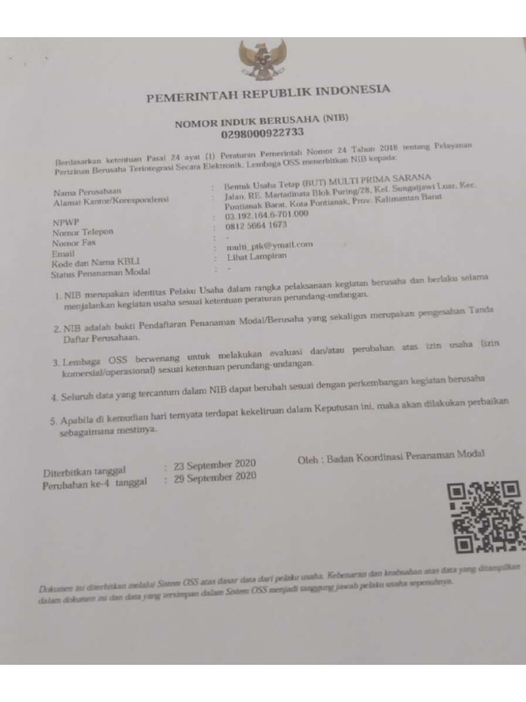 NIB CV. MULTI PRIMA SARANA | PDF