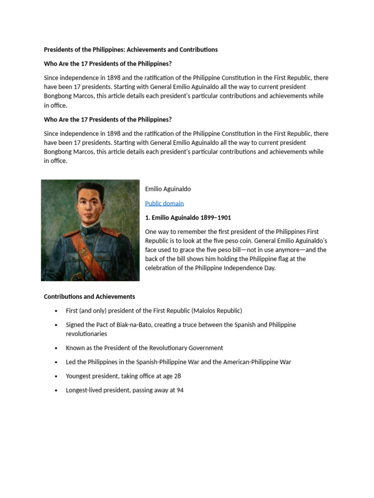 Philippine Presidents' Achievements Overview | PDF | President Of The ...