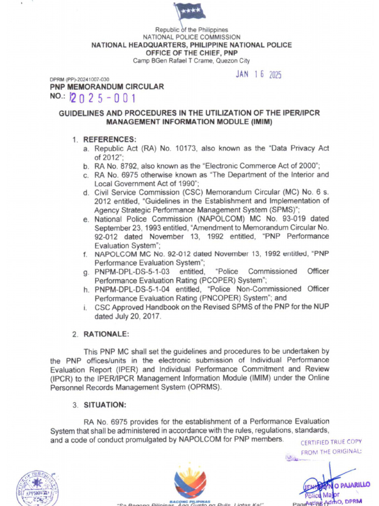 PNP MC 2025-001 Guidelines and Procedures of The IPERUPER Management Information Module (IMIM) | PDF