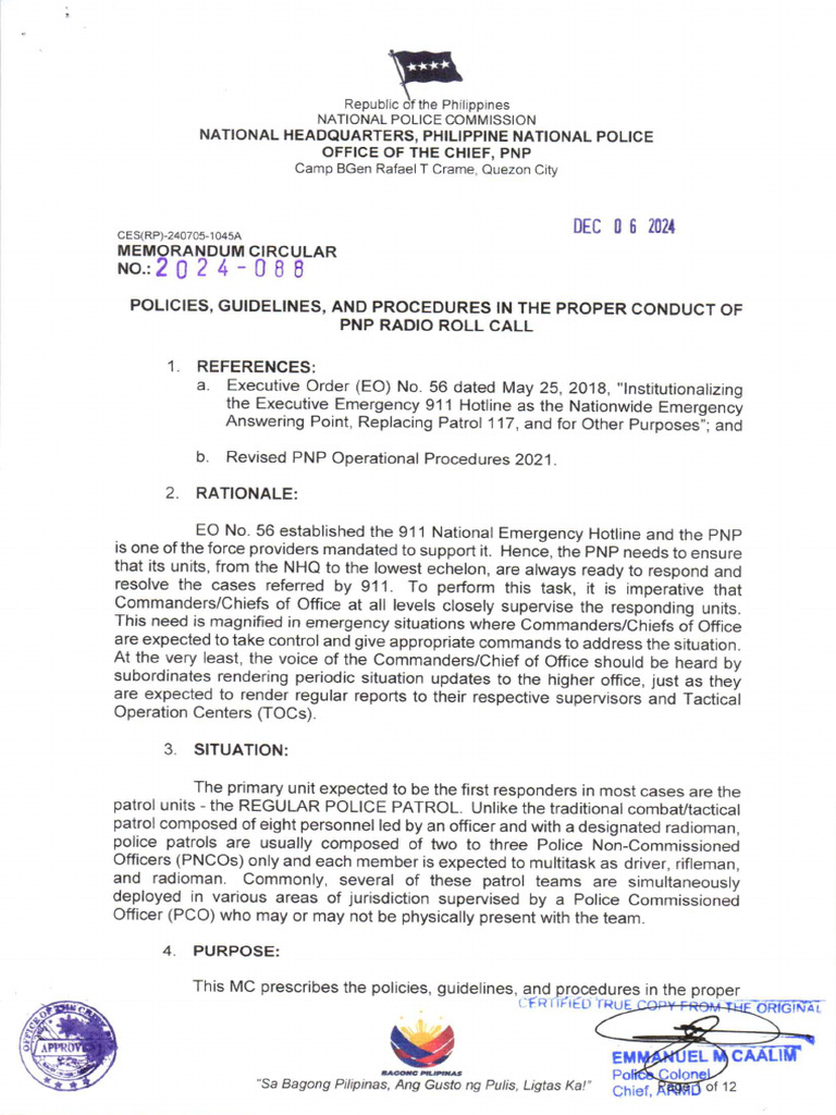 PNP MC 2024-088 Policy Guidelines and Procedures in The Proper Conduct ...