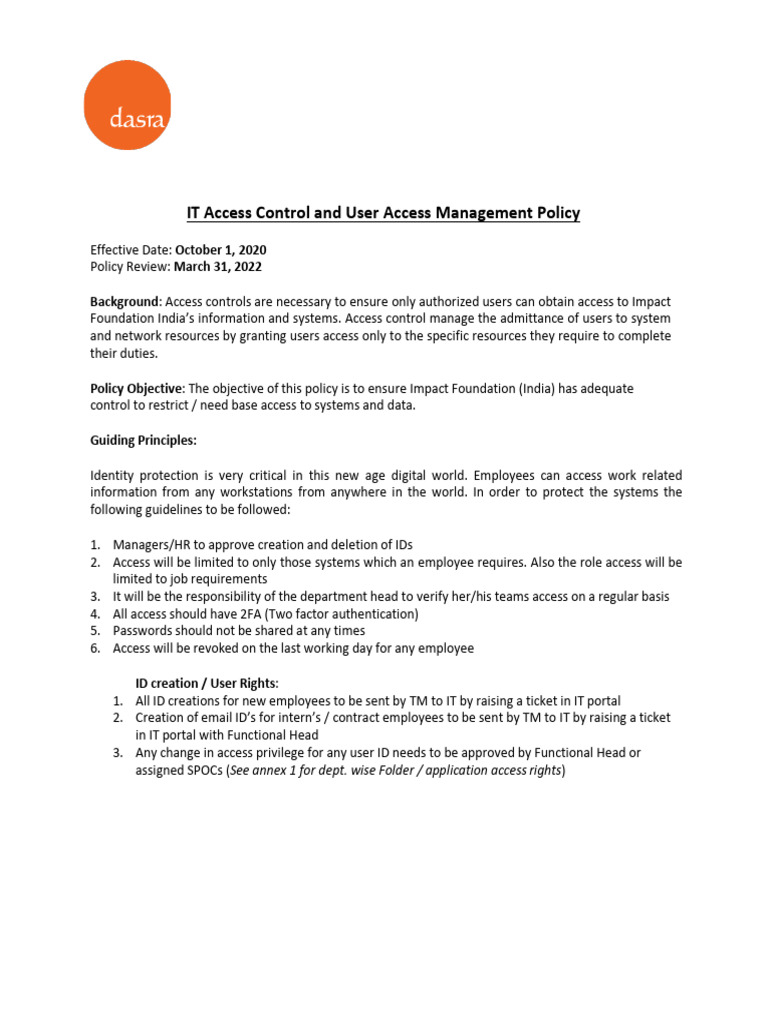 IT Access Control and User Access Management Policy - 2 | PDF | Access Control | Password