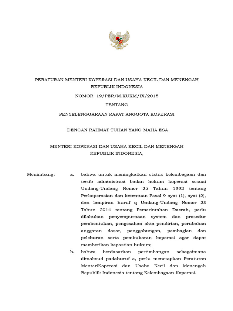 Permenkop No.19 Tahun 2015 Tentang Rapat Anggota Tahunan | PDF