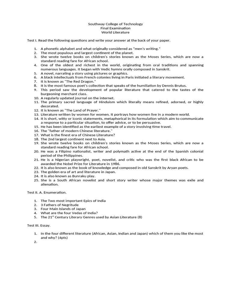 World Literature Final Exam Guide | PDF | Sanskrit | Children's Literature
