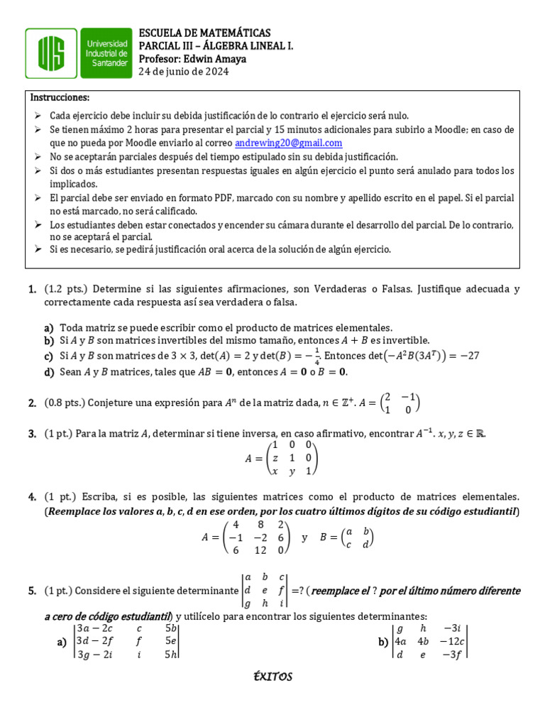 Parcial 3 - A2 - 2 | PDF | Matriz (Matemáticas) | Teoría de la matriz