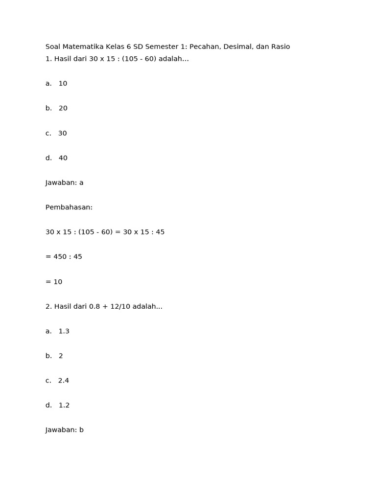 Soal Matematika Kelas 6: Pecahan dan Rasio | PDF