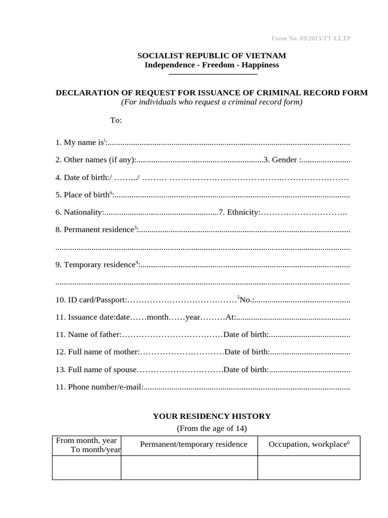 LLTP Mẫu số 03.2013 (Eng) | PDF | Criminal Record | Government