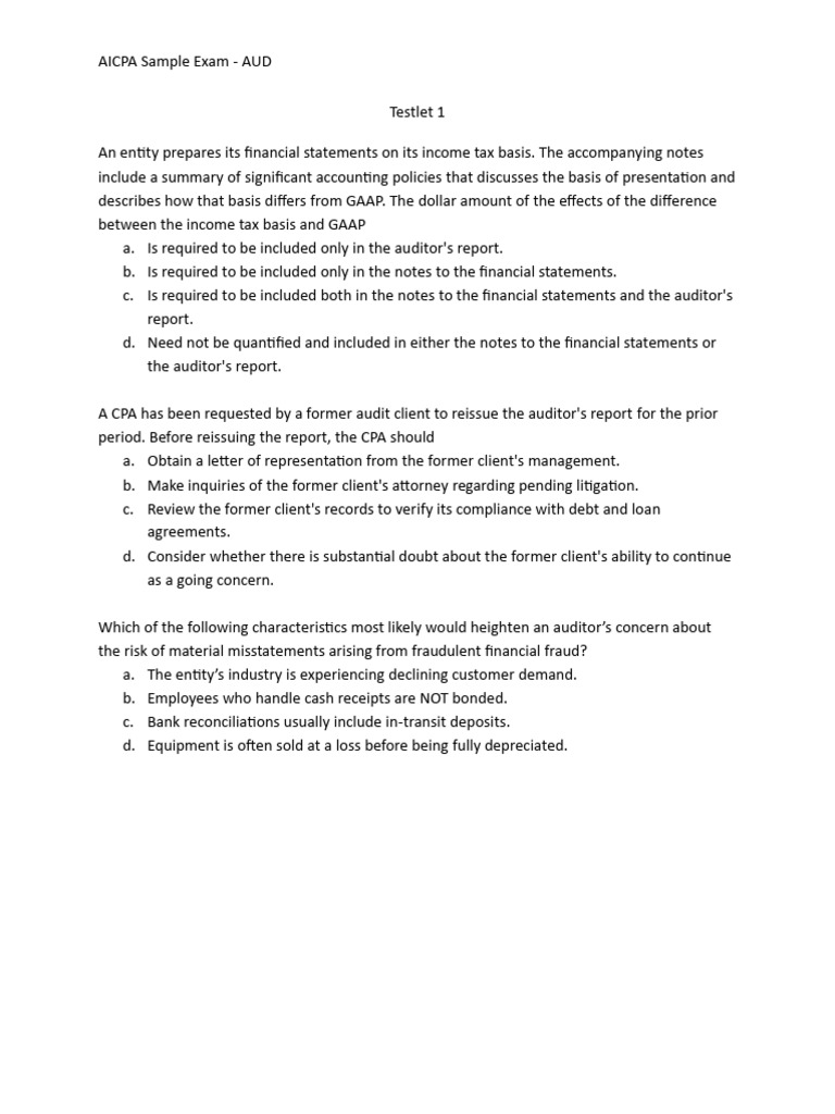 Aicpa Audit Exam With Answers | PDF | Auditor's Report | Accounting