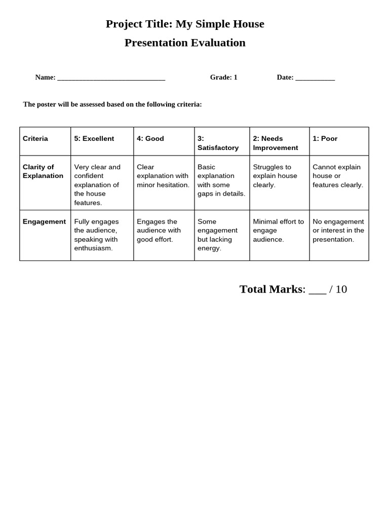 Rubric 2 - SOCIAL STUDIES Project Presentation - Grade 1 | PDF