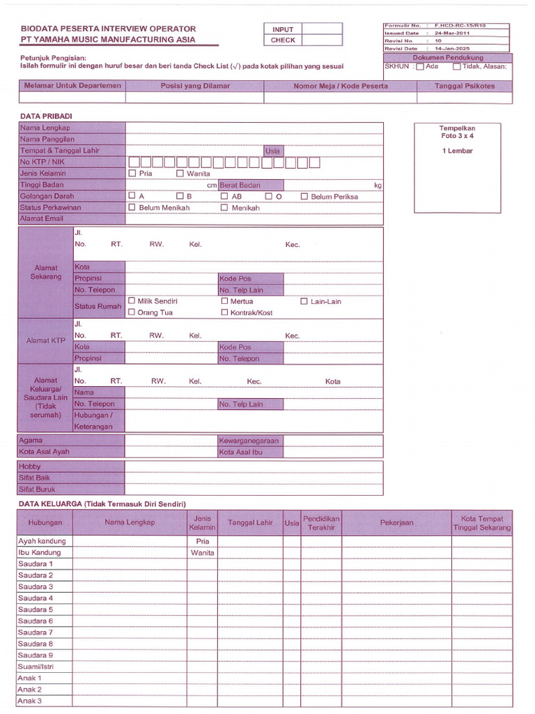 F.HCD-RC-015 R10 Form Biodata Operator | PDF
