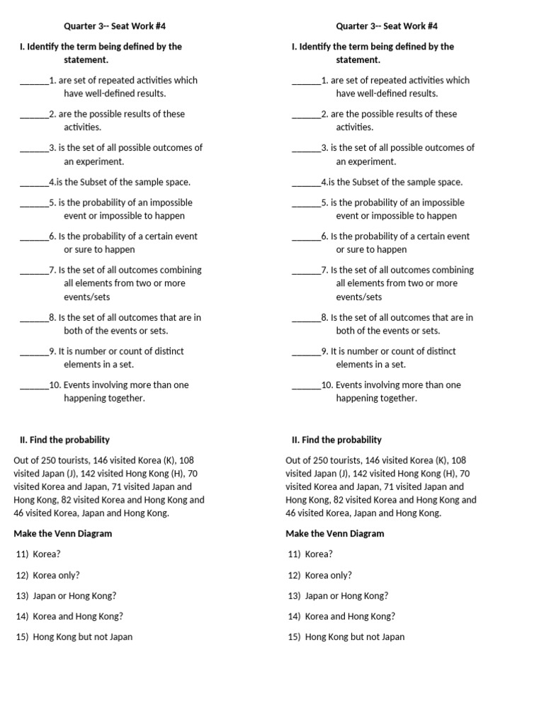 Quarter 3 Seatwork 4 | PDF | Set (Mathematics) | Probability