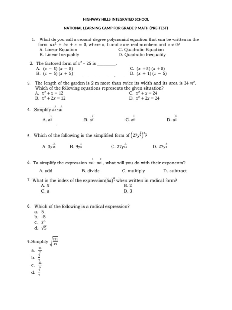Pretest For NLC 9 Math | PDF