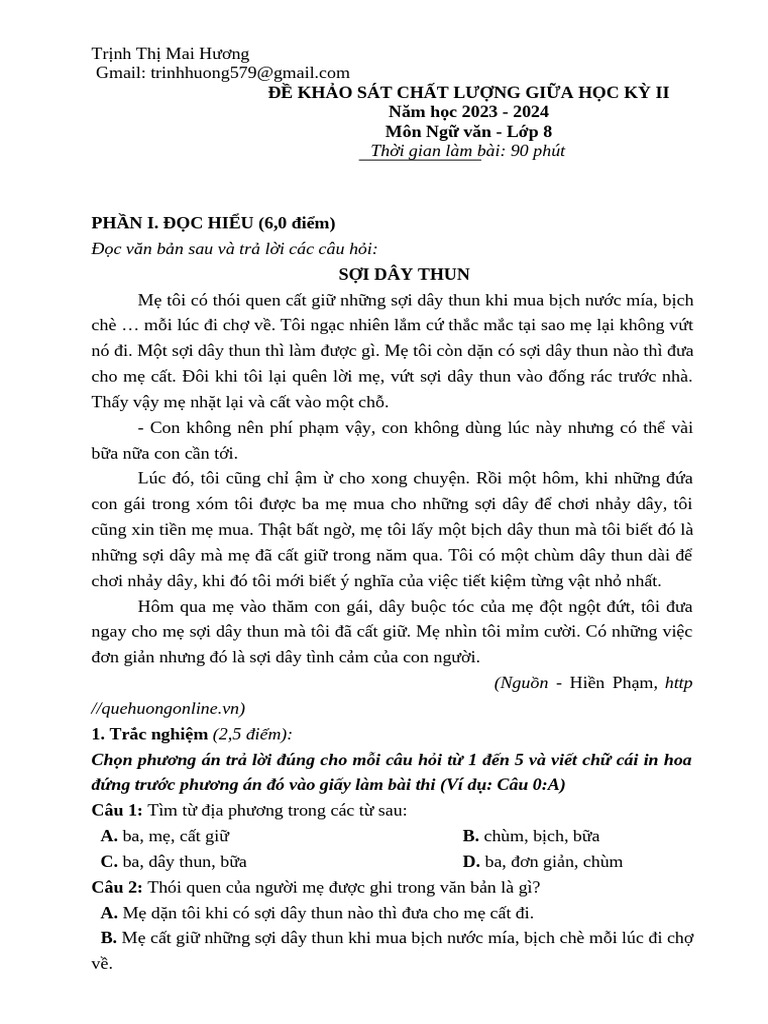 Đ. 66. V8- Truyện-Sợi Dây Thun, Cảm Nhận Truyện Ngắn Sợi Dây Thun | PDF