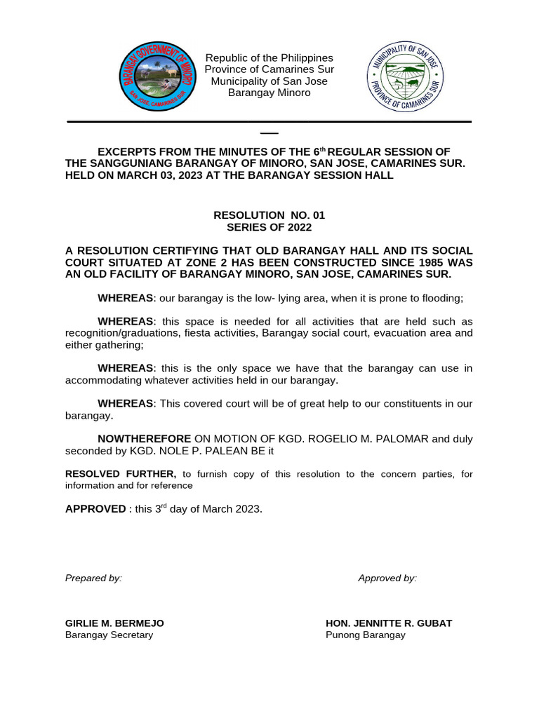 Resolution on Old Barangay Hall Use | PDF