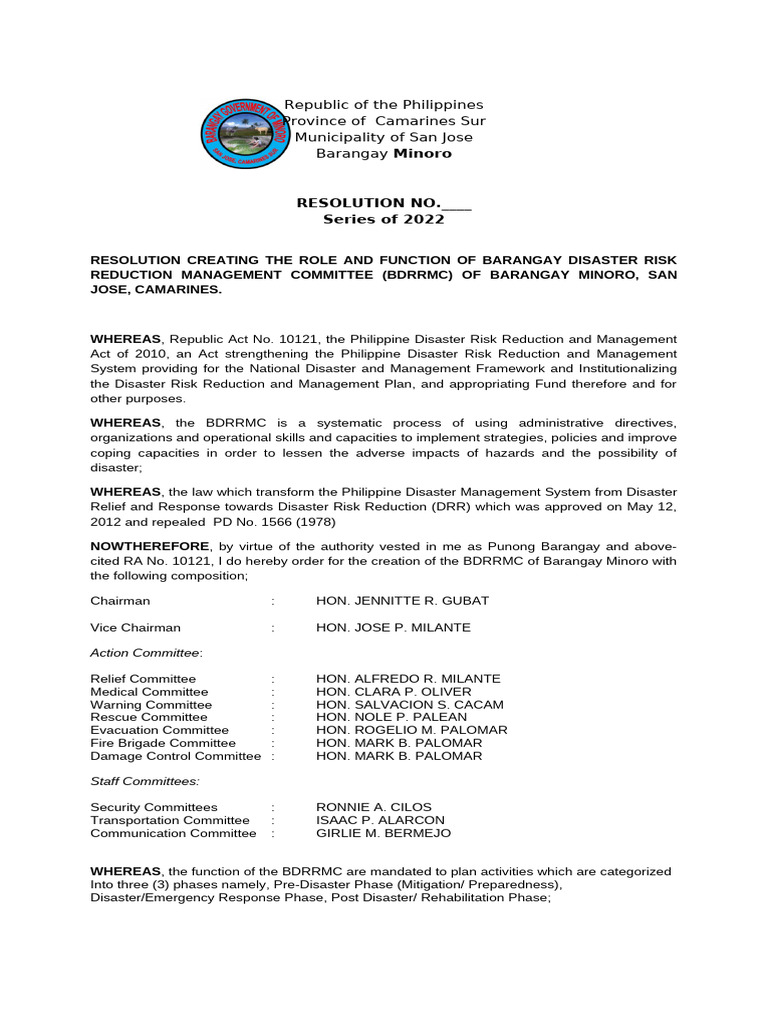 Resolution Creating The Role and Function of Barangay Disaster Risk ...