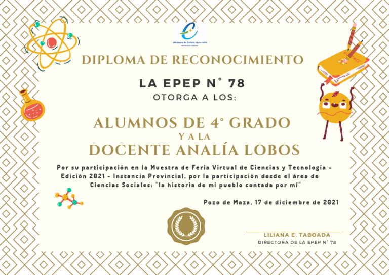 Diploma de Reconocimineto Feria de Cs - EPEP 78 | PDF