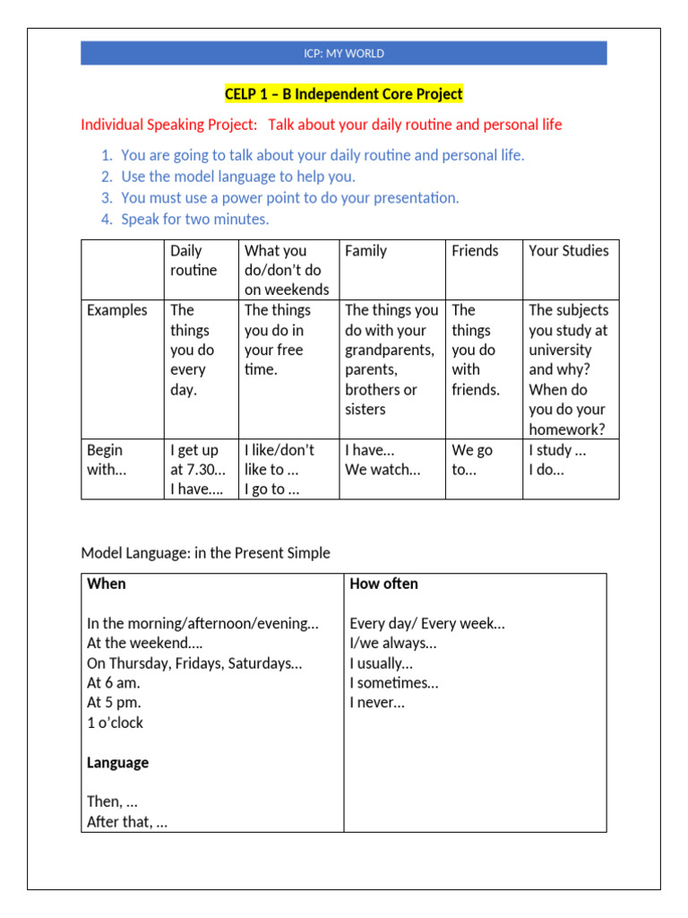 Independent Core Project (My World - Daily Routines and Personal Life ...
