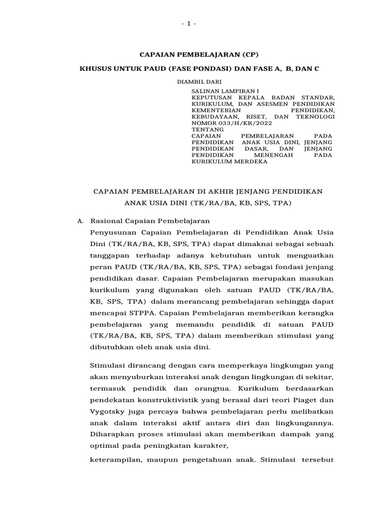CP KUMER Fase Pondasi, A, B, Dan C (Cuplikan Dari SK BSKAP No 33 TH ...