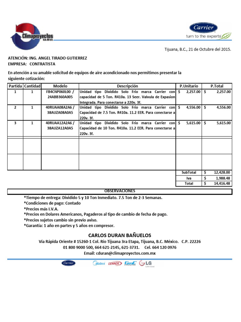 Cotización de Equipos de Aire Acondicionado | PDF