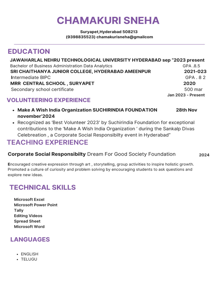 Chamakuri Sneha: Education | PDF