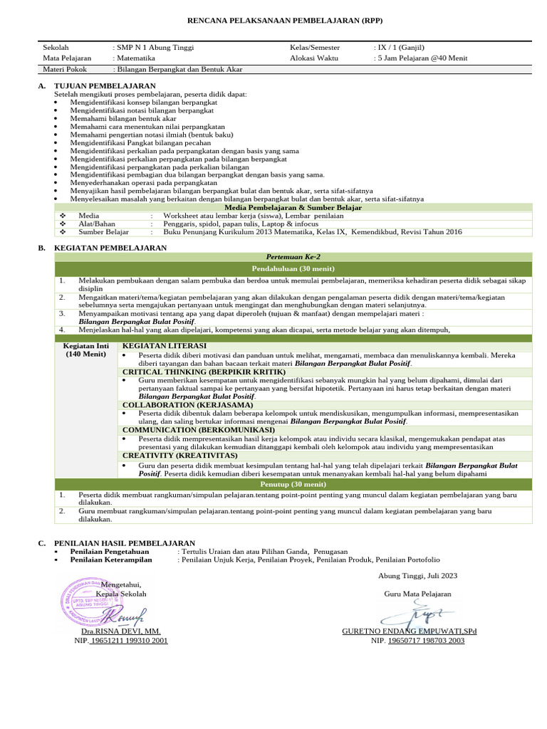 1.2 RPP I MTK Kelas IX | PDF