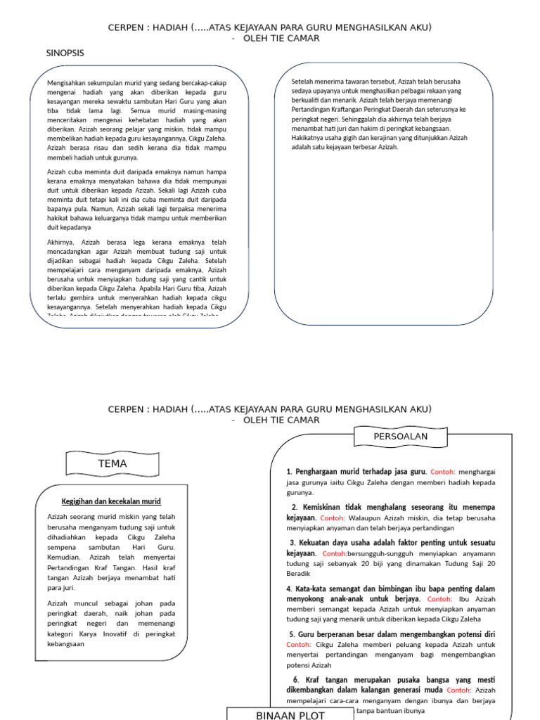 BM Ting1 - Nota Cerpen Hadiah | PDF