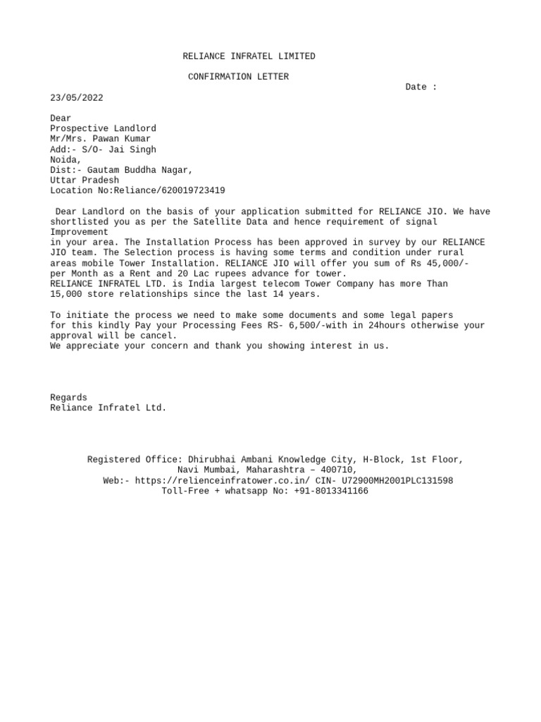 Confirmation Letter Reliance Infratel PVT LTD | PDF