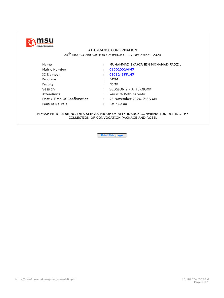 MSU Convocation Attendance Confirmation | PDF