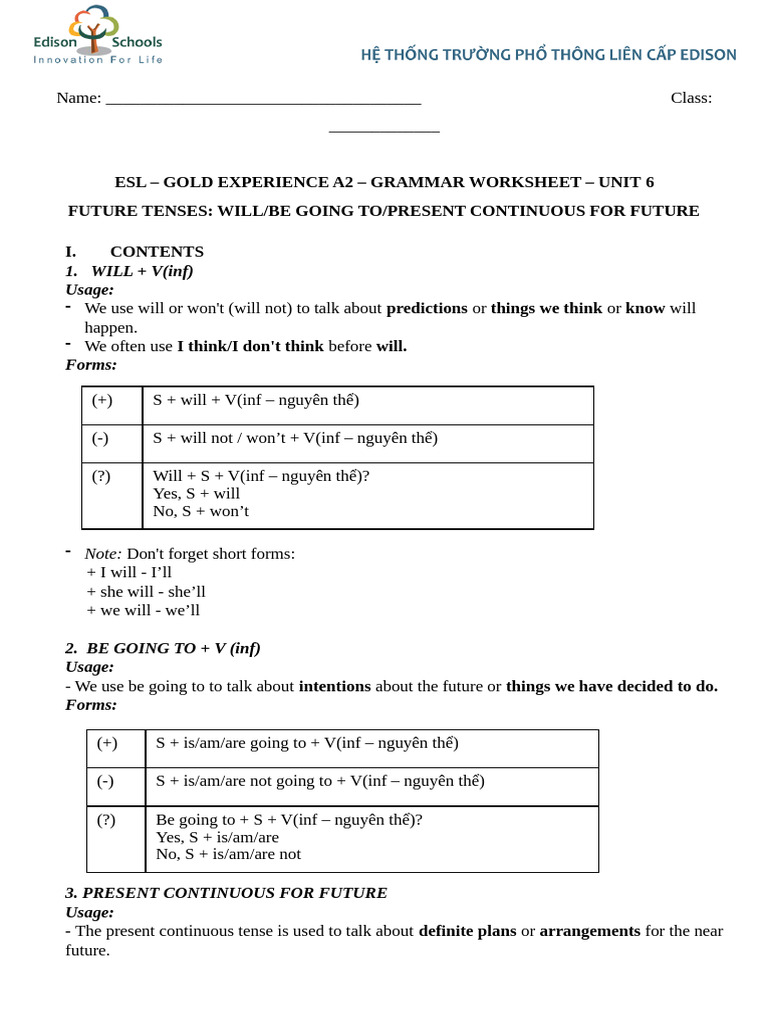 Ge a2 - Unit 6 - Grammar Worksheet - Future Tenses | PDF | Linguistics ...