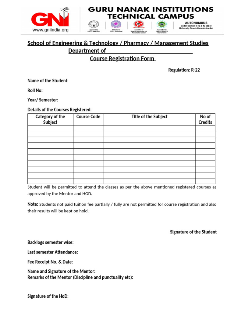 Course Registration Form Template | PDF