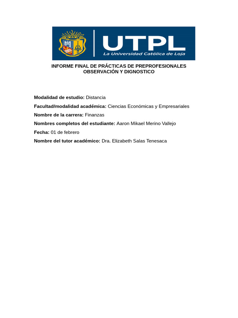 Informe Final de Prácticas de Preprofesionales Observación y Dignostico | PDF