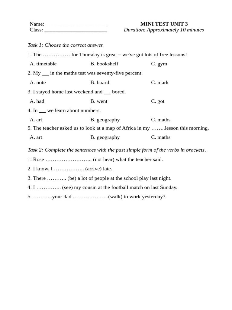 Mini Test Unit 3: English Skills Assessment | PDF