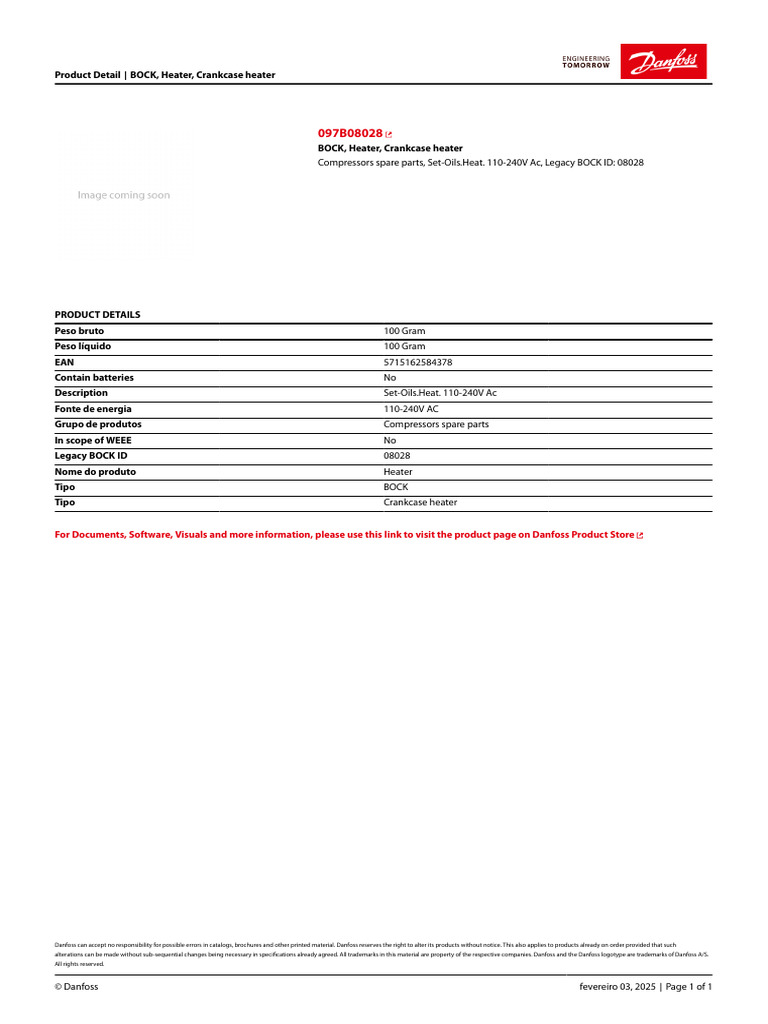 Danfoss BOCK Heater Crankcase Heater 097B08028 | PDF