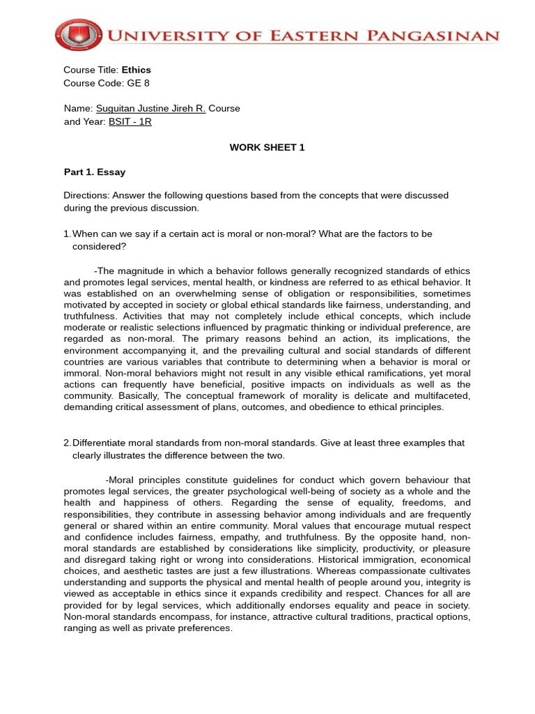 Suguitan, Justine Jireh R. - WS#1 - Ge 8. | PDF | Morality | Behavioural Sciences