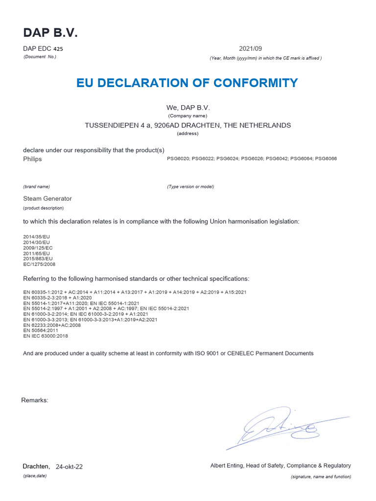 Eu Declaration of Conformity: Dap B.V | PDF | International ...