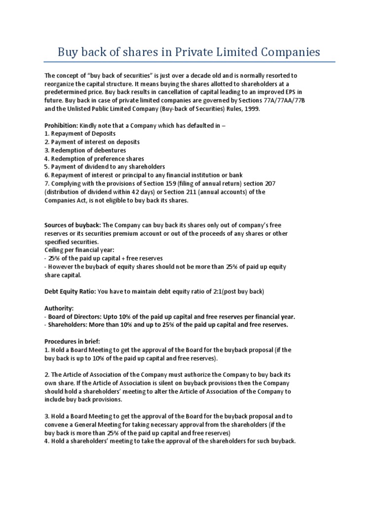 Procedure Buy Back of Shares | PDF | Share Repurchase | Equity (Finance)