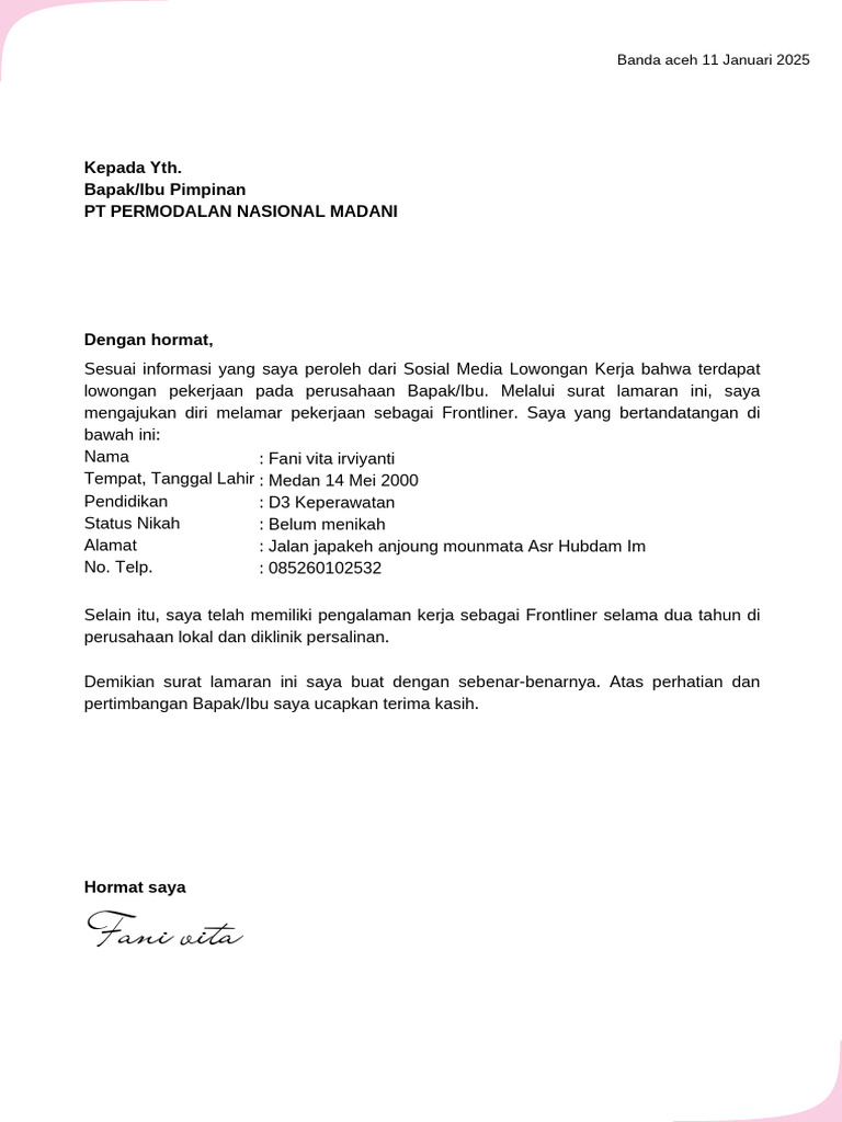 Surat Lamaran PNM | PDF