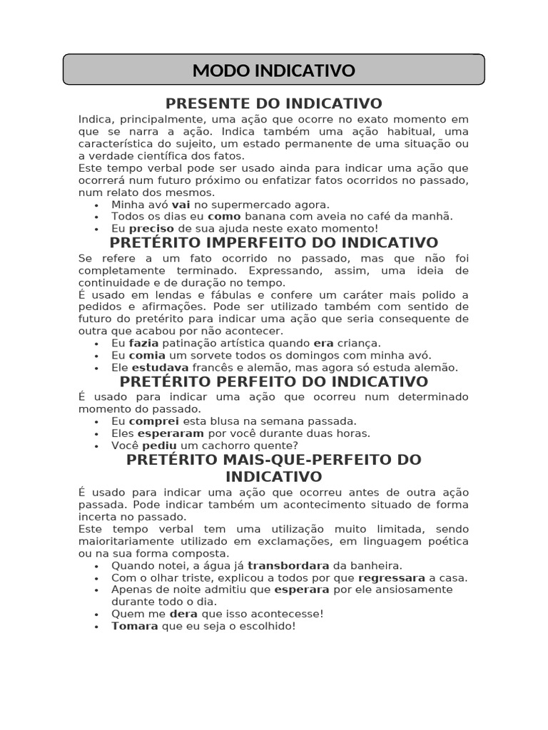 Tempos Verbais do Indicativo e Subjuntivo | PDF