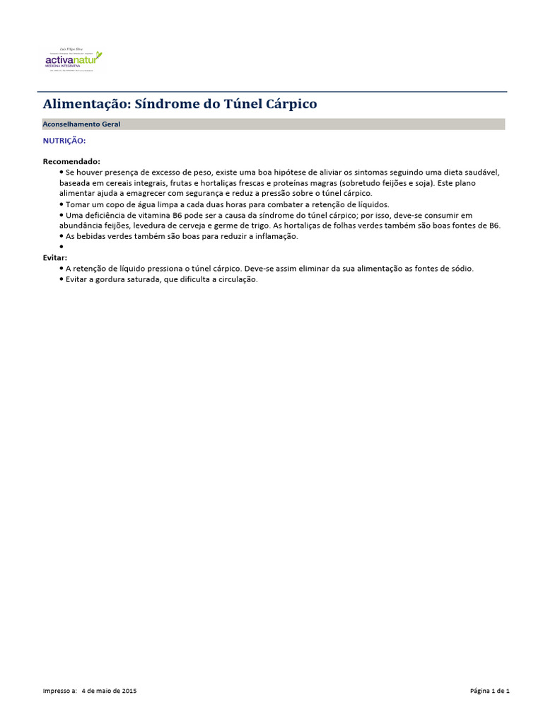 Dieta para Aliviar Síndrome do Túnel Cárpico | PDF