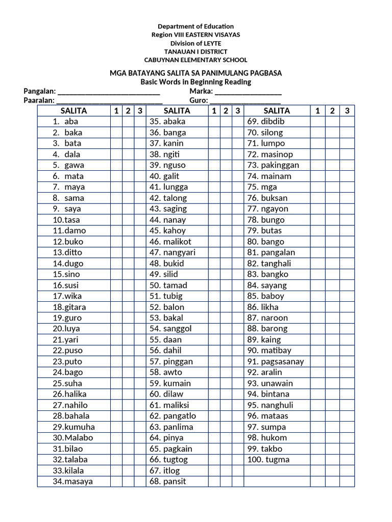 Basic Words For Beginning Reading Pdf