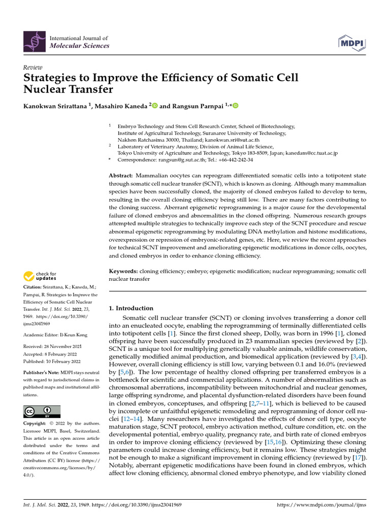 2022 - Srirattana - Strategies To Improve The Efficiency of Somatic Cell Nuclear Transfer | PDF ...