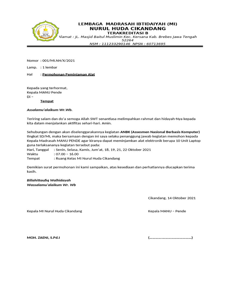 Surat Peminjaman Laptop ANBK MI Nurul Huda | PDF