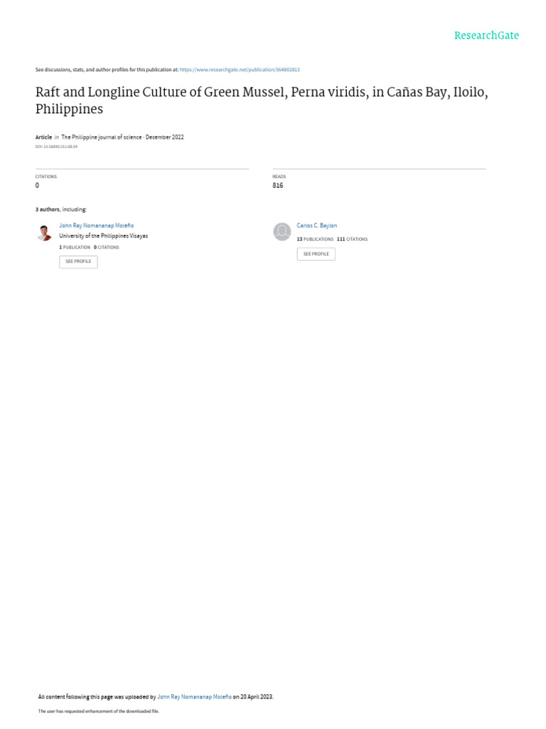 Raftand Longline Cultureof Green Mussel Pernaviridisin Canas Bay Iloilo ...
