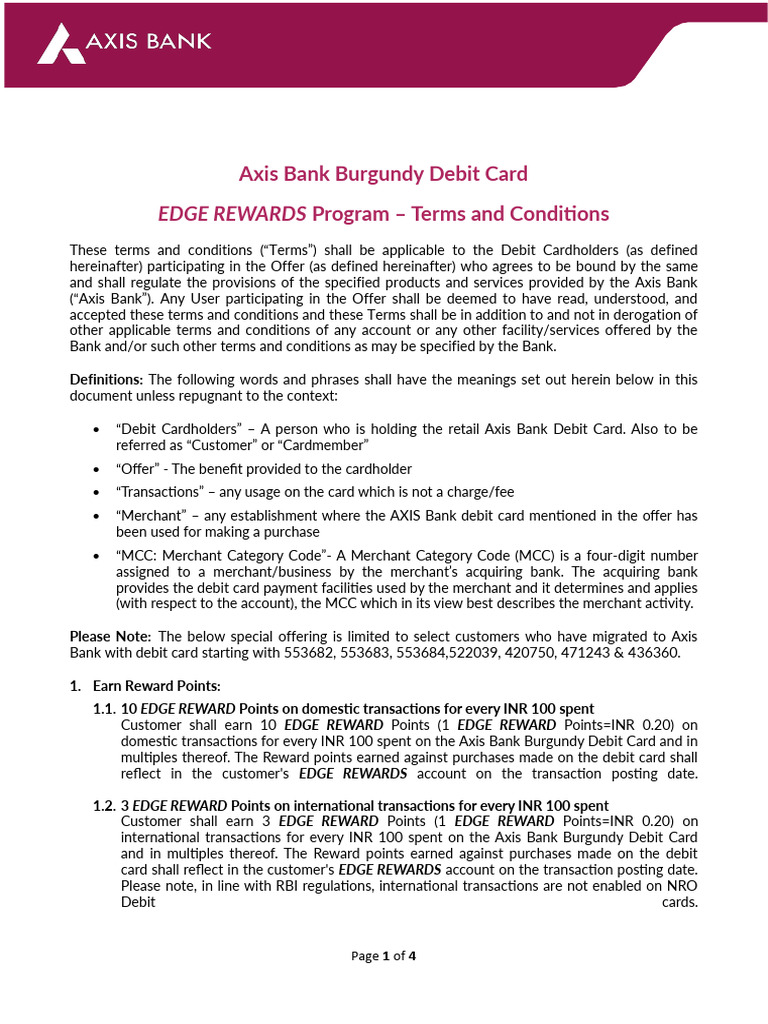 Terms and Conditions For Axis Bank Burgundy Debit Card Edge Rewards ...