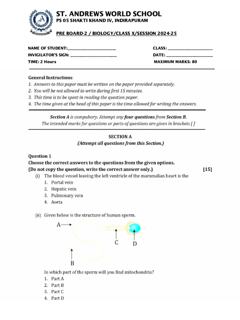 Class X Biology Pre-Board Exam 2024 | PDF