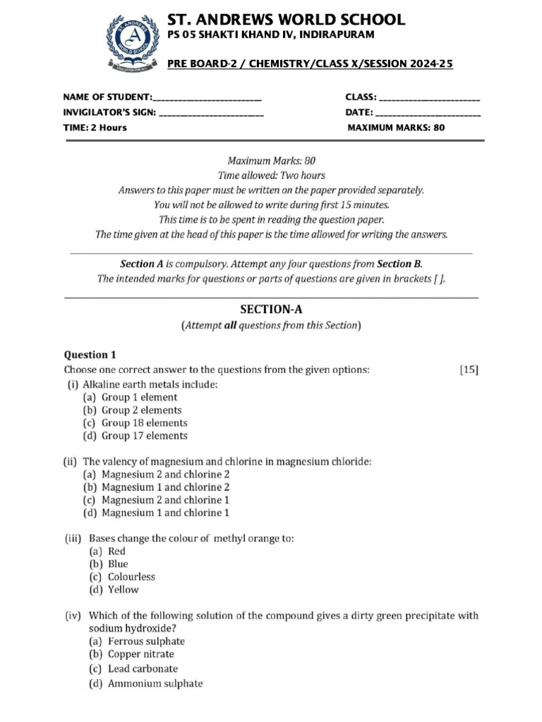 St. Andrews World School: Ps 05 Shakti Khand Iv, Indirapuram Pre Board-2 / Chemistry/Class X ...